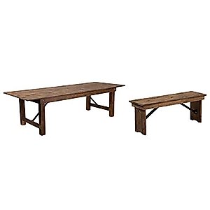 Flash Furniture Hercules Series 9' x 40" Rectangular Antique Rustic Solid Pine Folding Farm Table & Hercules 40" x 12" Antique Rustic,Solid Pine Folding Farm Bench