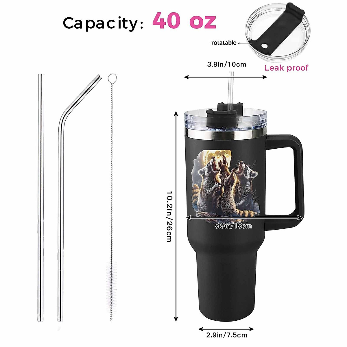 40 Oz Insulated Tumbler with Handle and Straw,Three Little Raccoon Stainless Steel Vacuum Insulated Travel Mug,Leak-proof Water Bottle Iced Coffee Cup,The Moonlight Animal