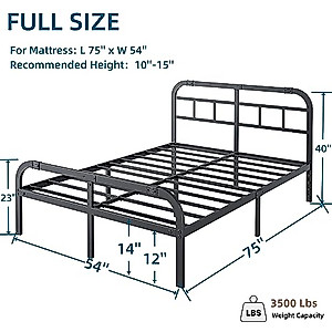 Artimorany Full Bed Frame with Headboard and Footboard, 14 Inch High, 3500 Pounds Heavy Duty Metal Slats Support for Mattress, No Box Spring Needed, Noise-Free, Black