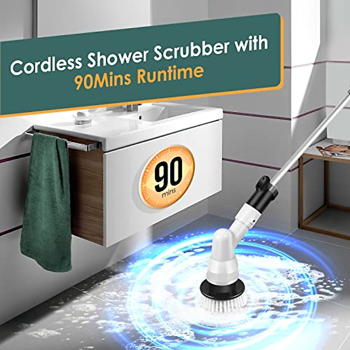 Electric Spin Scrubber, GOFOIT Cordless Shower Scrubber for Cleaning Bathroom, Tile, Floor, Tub and Power Cleaning Brush with Adjustable Extension Handle and 5 Replaceable Rotating Brush Heads