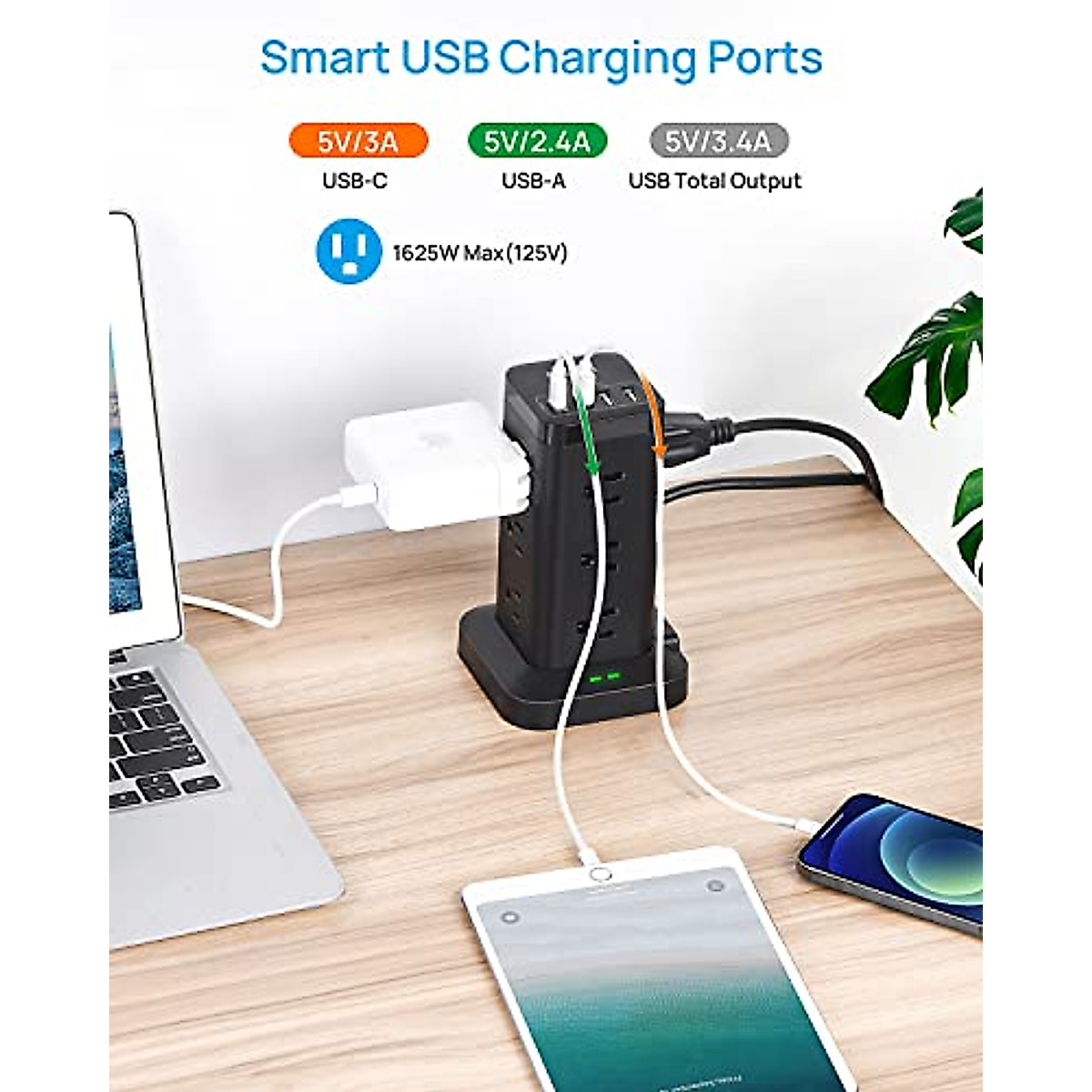 BEVA Power Strip Tower with USB Ports, 10 FT Surge Protector Power Tower, 12 AC and 4 USB Ports, 10 FT Extension Cord with Multiple Outlets, Household Essentials Office Supplies Office Organization