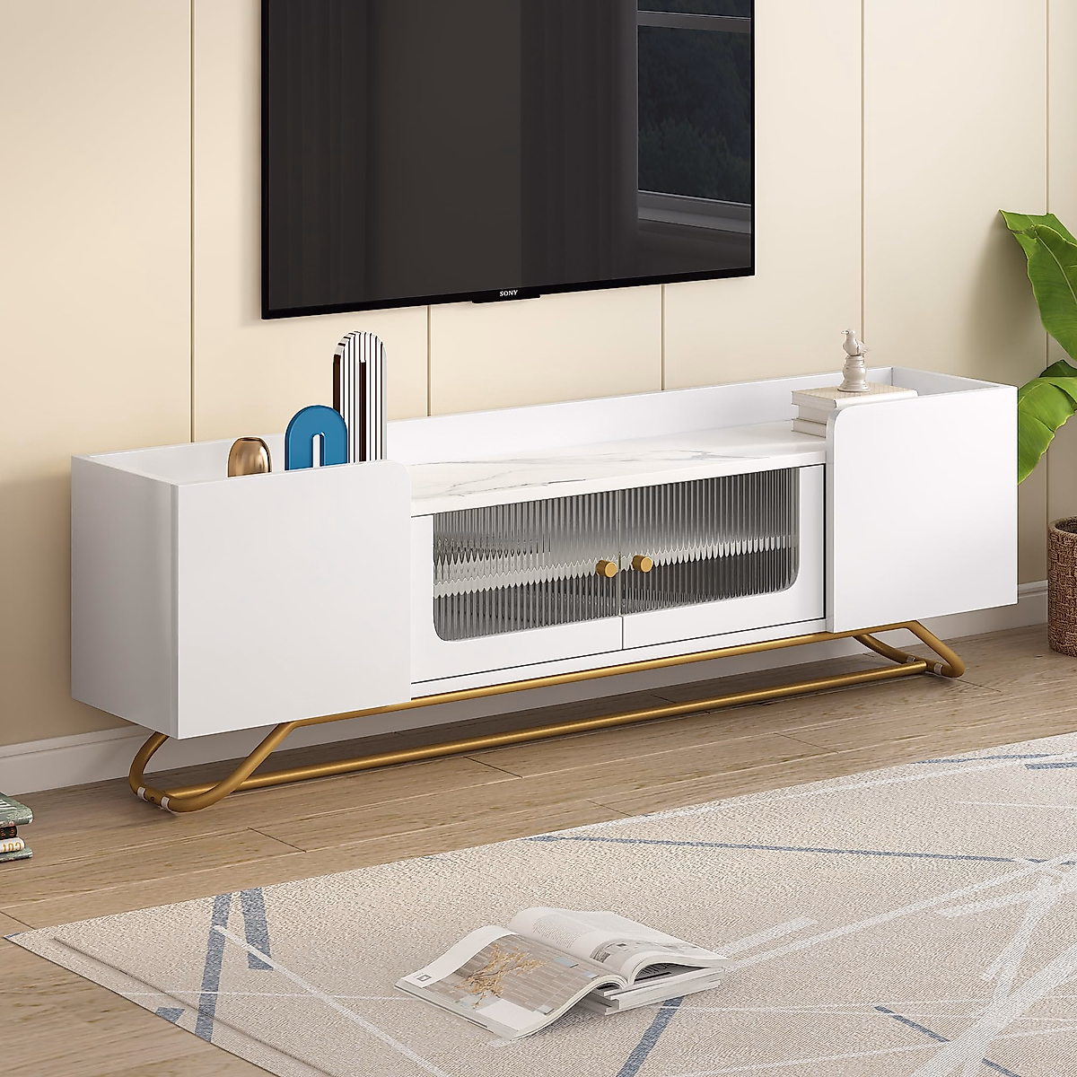 Bellemave Modern TV Stand for 65 Inch TV High Gloss Marble TV Stands for Living Room Large Entertainment Center with Storage Long Media Console with Fluted Glass, White