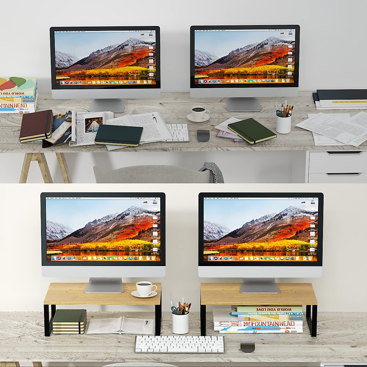 OUTWOLF 2 Pack Monitor Stand Riser,Bamboo Dual Desk Organizer with Rubber Non Slip Pieces for Computer Laptop Printer,Upgrated Version.