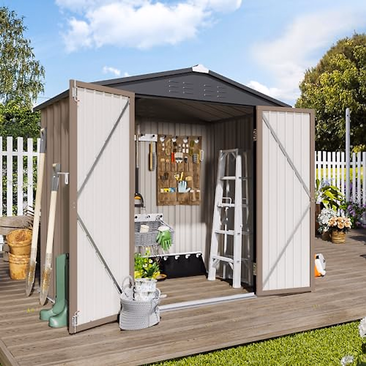 LAUSAINT HOME Outdoor Storage Sheds 6x4FT, Waterproof Metal Storage Tool Bike Sheds with Lockable Door for Backyard, Garden, Patio and Lawn, Brown
