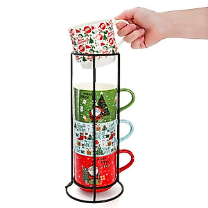Elsjoy Set of 4 Christmas Stackable Coffee Mugs with Rack, 15 oz Christmas Coffee Mugs with Metal Stand Ceramic Mug Set, Xmas Holiday Cappuccino Cups for Cocoa, Latte, Americano