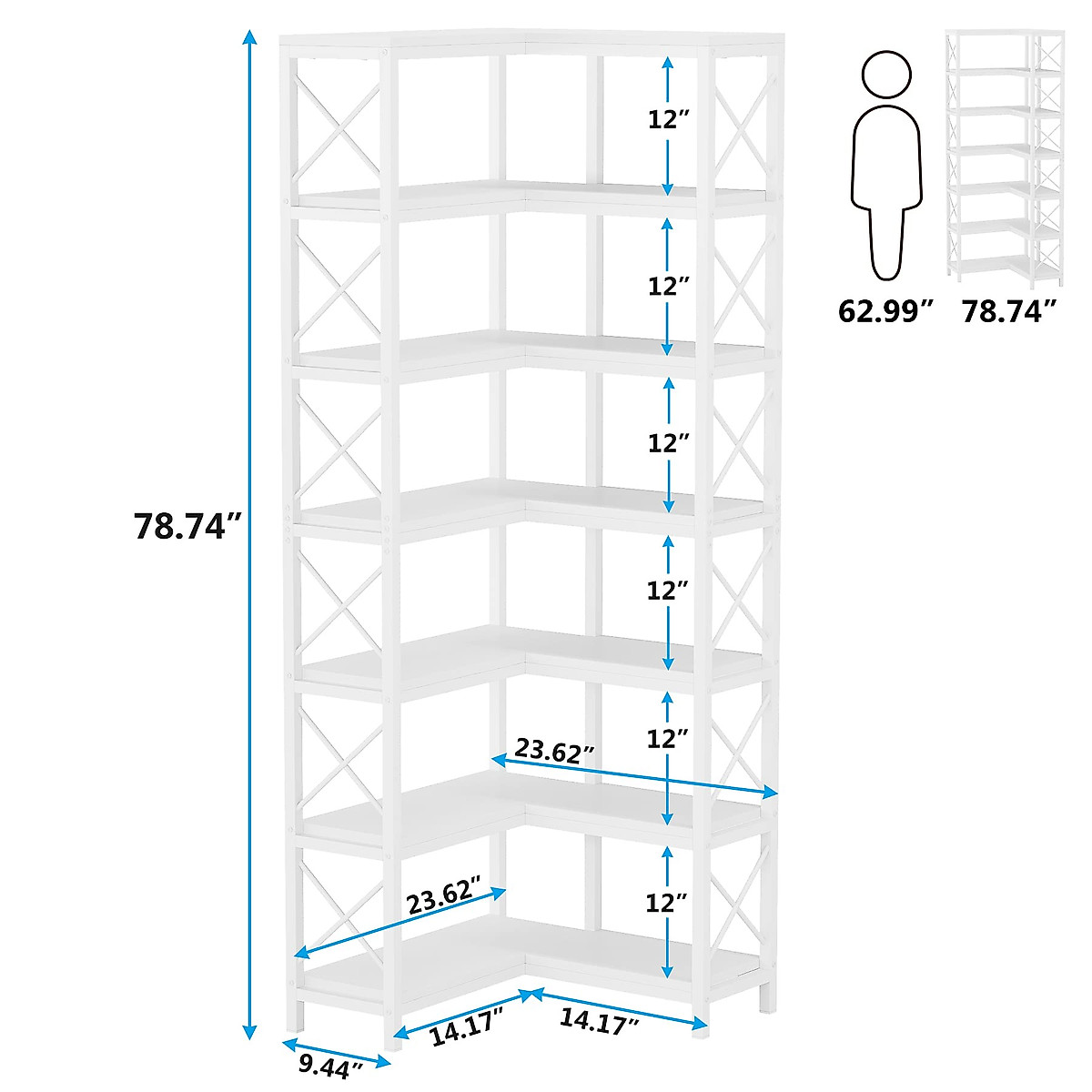 Tribesigns 7-Shelf Corner Bookshelf,Large Modern Corner Bookcase, 7-Tier Tall Corner Shelf Storage Display Rack with Metal Frame for Living Room Home Office (White)