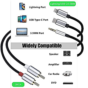Enbiawit Lightning to RCA Cable Audio Aux Adapter,3 in 1 6.6ft/2M Audio Cable,RCA to 3.5mm Cable,USB C to 2 RCA Audio Cable,for Power Amplifier, Car, Home Theater, Speaker and More