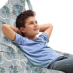 Lunarable Floral Lounger Chair Bag, Mixed of Colorful Lilac Flowers Leaves in Retro Style Contemporary Illustration, High Capacity Storage with Handle Container, Lounger Size, Grey Teal White