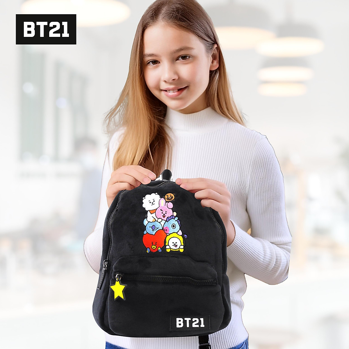 Concept One BT21 LINE FRIENDS Backpack, Plush Mini School Bag, Black, One Size