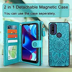 Harryshell Detachable Magnetic Zipper Wallet Leather Case with Cash Coin Pocket 12 Card Slots Holder Wrist Strap Lanyard for Motorola Moto G Pure/Moto G Power 2022 Flower (Blue Green)