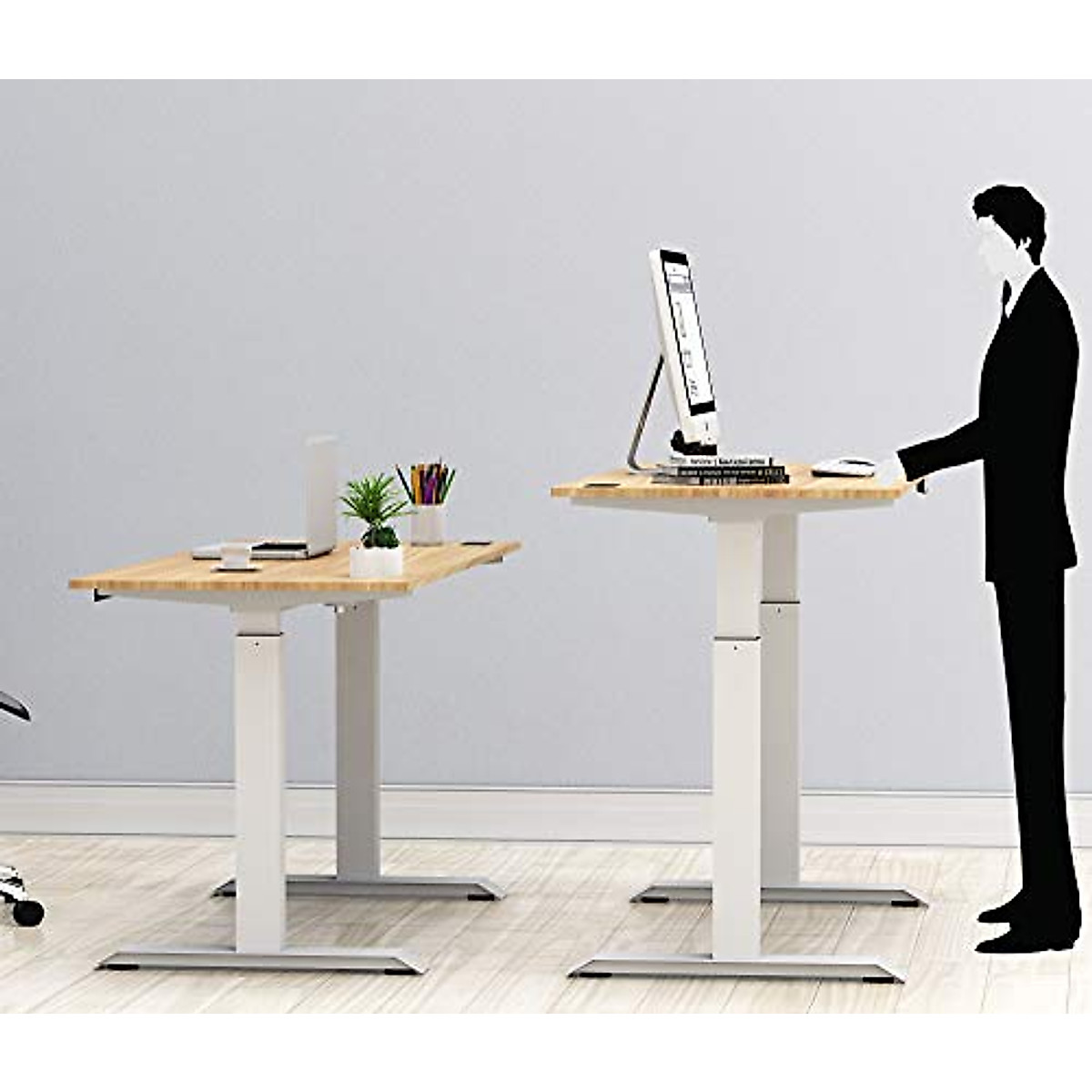 SHW Electric Height Adjustable Standing Desk with Hanging Hooks and Cable Management, 48 x 24 Inches, Oak