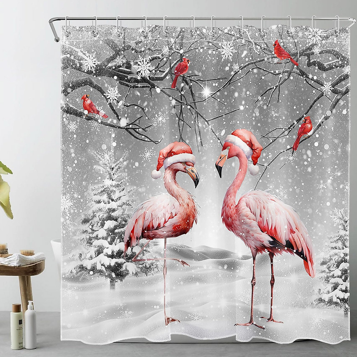 EOBTAIN Winter Christmas Shower Curtain for Bathroom Winter Scene Snowflake Pink Flamingo and Cardinal on Pine Tree Shower Curtain with 12 Hooks Snow Scenery Bathroom Curtains Shower Set 72x72 Inch