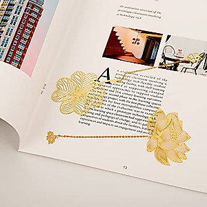 Metal Bookmarks with Chain, BENBO 4Pcs Golden Hollow Bookmark with 1Pc Mesh Gift Bag Brass Personalized Page Markers Gold Maple Leaf Lotus Flower Bookmarks for Book Lovers
