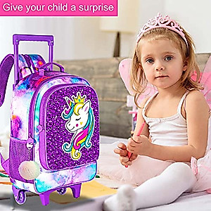 TXHVO 3PCS Rolling Backpack for Girls,Kids Unicorn Bookbag with Roller Wheels, Sequin Suitcase School Bag Set for Elementary Toddler