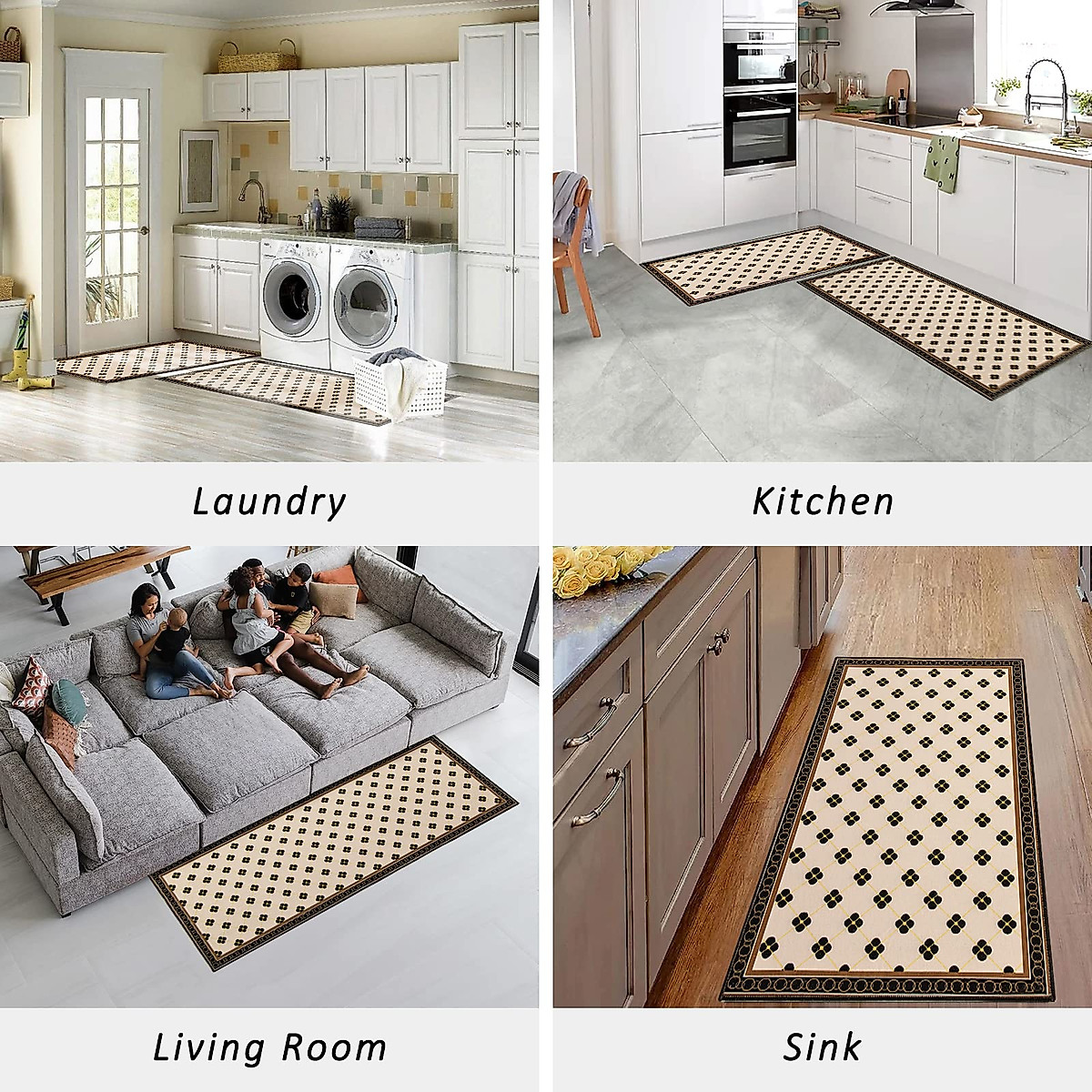 AUTODECO 2 PCS Farmhouse Kitchen Mats and Rug Set - Vintage Water Absorb Microfiber Kitchen Rug Non Skid Washable for Bathroom Laundry Room 17"x29.5"+17"x47", Beige&Black