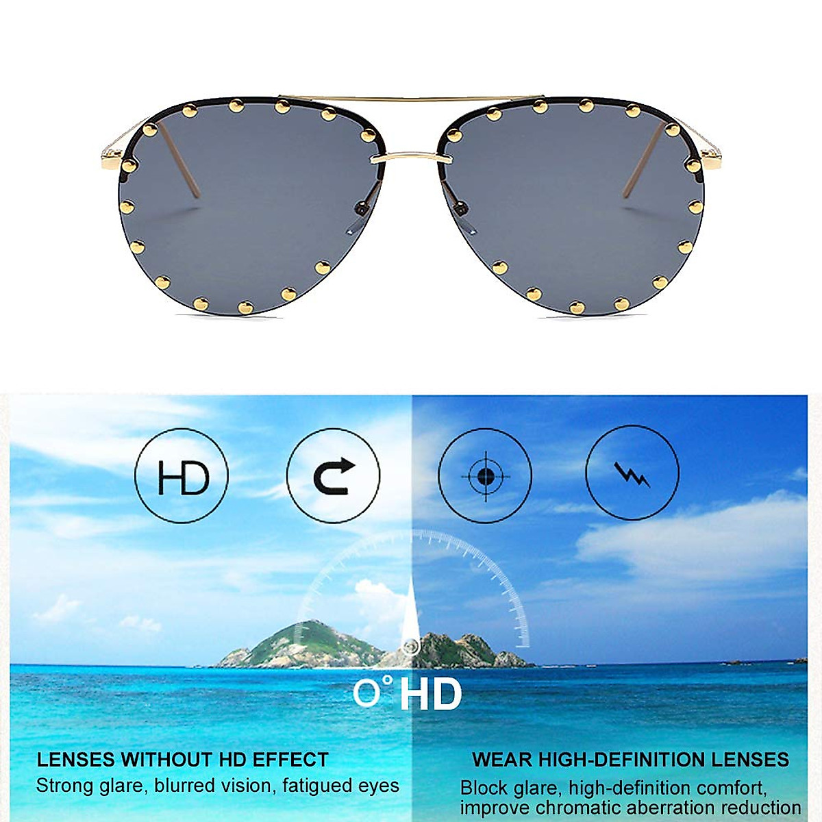 BVAGSS Women Rimless Oversized Studded Sunglasses Gradient Color Lens Rivet Fashion Lightweight Design WS027 (Gold Frame, Gray)