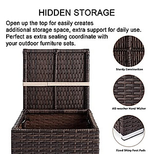 Outdoor Ottoman for Patio, Rattan Wicker Ottoman with Storage Outdoor Foot Rest Footstool seat for Patio Furniture w/Removeable Extra Thick Cushion for Balcony Backyard Garden Poolside Set of 2 Beige