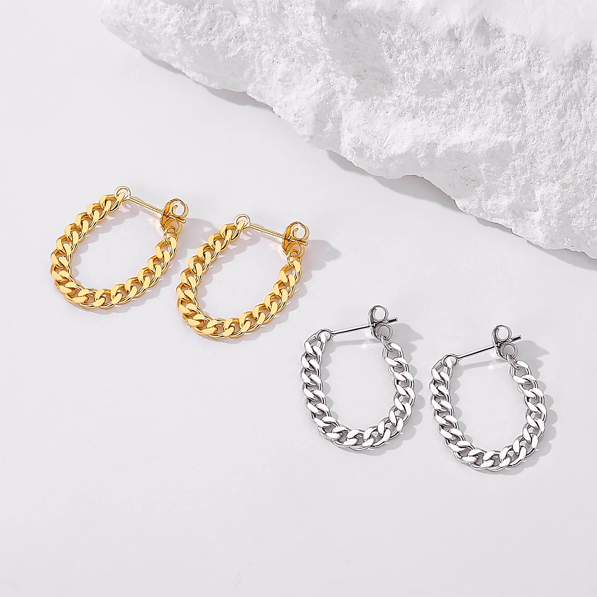 HIUS 925 Sterling Silver Cuban Link Chain Earrings for Women, 18K Gold Plated Dangle Drop Earrings, Statement Women's Chain Jewelry