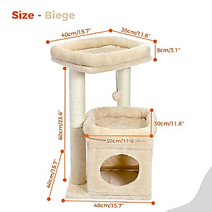 PEQULTI Cat Tree Cat Tower for Indoor Cats with Private Cozy Cat Condo, Natural Sisal Scratching Posts and Plush Pom-pom for Small Cats,Beige