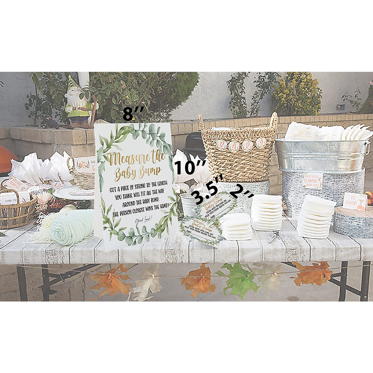 How Big is Mommys Belly Game, Measure Mommy's Belly Sign(Sign 8x10 Inch), Leafy Theme Baby Shower Games, Baby Showers Decorations, 1 Standing Sign + 50 Guessing Cards(bump08)