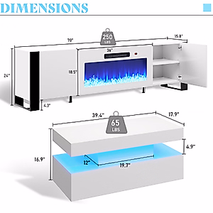 VanAcc 3-Piece Modern Living Room Table Sets, 70" Modern LED TV Stand with 36" Electric Fireplace, High Gloss Coffee Tables for Living Room, White