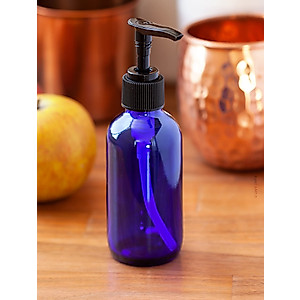 4 oz Cobalt Blue Glass Boston Round Bottle with Black Lotion Pump (12 Pack) + Funnel