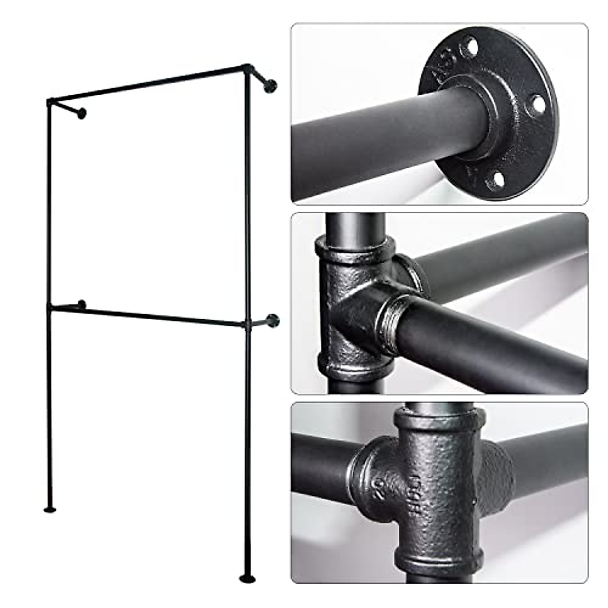 MYOYAY Industrial Pipe Clothes Rack Metal Clothing Garment Rack Wall Mounted Black Iron Garment Bar Multi-Purpose Hanging Rod Clothes Shelves for Closet Storage 47.24 x11.81 x 90.55 inches