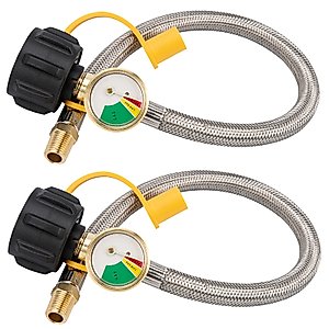 15 Inch Rv Propane Hoses with Gauge，Stainless Steel Braided Camper Tank Hose, Rv Lp Gas Hoses Connector For Standard Two-Stage Regulator 1/4-Inch Npt, 40lb 250psi, Qcc1 Fittings, 2 Pack
