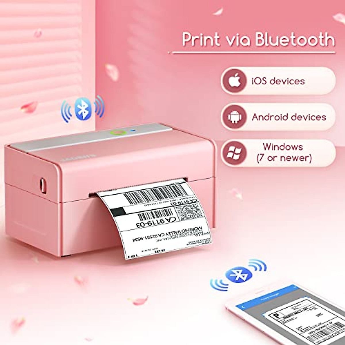 JADENS Bluetooth Thermal Label Printer -Wireless Shipping Label Printer for Ebay, USPS, Etsy & Amazon, Compatible with iPhone, Android & Windows (Mac Not Support Bluetooth), 4x6 Label Maker, Pink