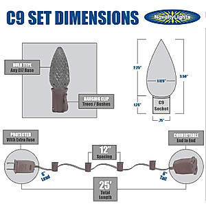 25 Foot C9 Orange Ceramic Christmas String Light Set - Outdoor Christmas Light String - – Opaque Christmas Bulbs - Roofline Light String – Outdoor String Lights - Brown Wire