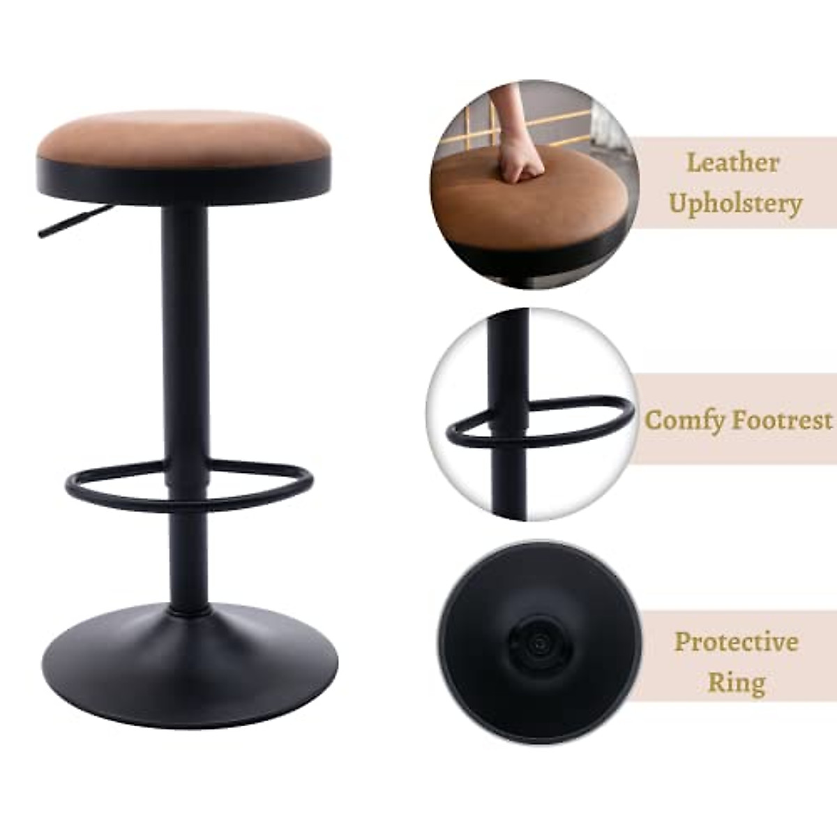 EALSON Modern Swivel Bar Stools Set of 2 Adjustable Counter Height Backless Barstools with Metal Base Leather Upholstered Round Bar Stool Chairs for Kitchen Island/Pub/Breakfast Bar, Brown