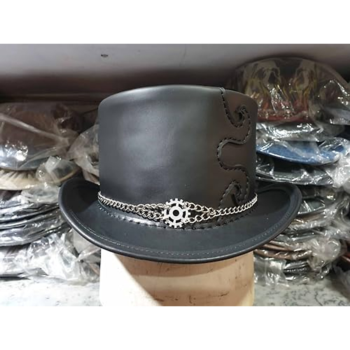 Steampunk Clock Gear Leather Top Hat (Leather, Small)