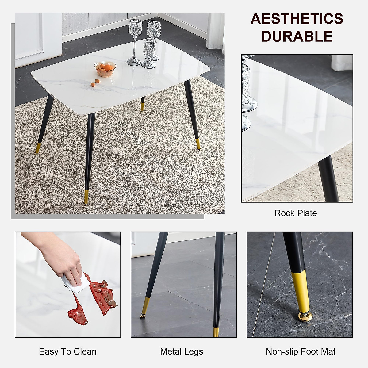 Ginxesh 5 Piece Dining Table Set,Faux Marble Dining Table Set for 4,White Imitation Marble Pattern Dinner Table and White PU Leather Upholstered Kitchen Chairs for Living Room