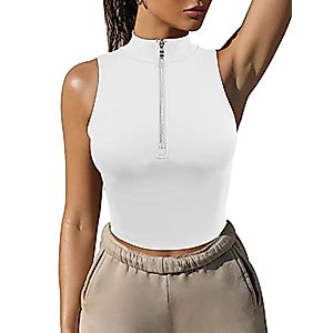 LASLULU Womens Crop Tops Half Zip Up Sleeveless Yoga Tops Compression Summer Athletic Shirts Sports Bra Seamless Workout Gym Pullover Going Out Tops(White Large)