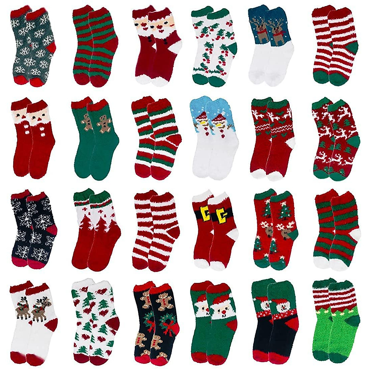 MarJunSep 24 Pairs Christmas Fuzzy Cozy Socks for Women Teen Girls Plush Fluffy Slipper Holiday Sleeping Santa Socks Gifts