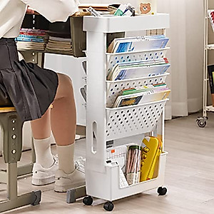 Movable Bookshelf, Rolling Utility Cart Multifunctional Storage Trolley, Multilayer Capacity Bookshelves Organizer, Rotatable Removable Plastic Rolling Organization Shelf