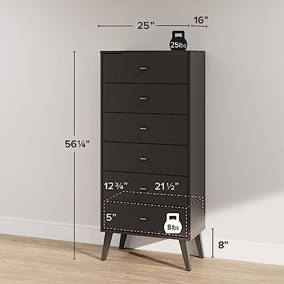 Prepac Milo Mid-Century Modern Tall 6-drawer Chest - Black