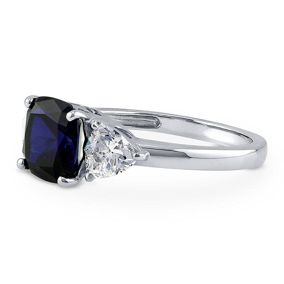 BERRICLE Sterling Silver 3-Stone Wedding Engagement Rings Simulated Blue Sapphire Cushion Cut Cubic Zirconia CZ Anniversary Ring for Women, Rhodium Plated Size 9
