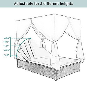 Merax Outdoor Patio Wicker Sunbed Daybed with Canopy, Overhead Curtains, Cushions, Lounge Chairs with Adjustable Seats, Blue