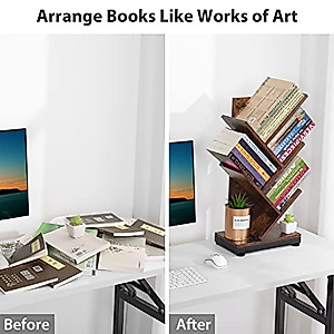 ruboka 4-Shelf Tree Bookshelf, 24.1-Inch Retro Floor Standing Bookcase Display for CDs/Magazine/Books, Small Bookshelf for Bedroom, Living Room, Office,Balcony, Brown Storage Shelves DESK51A