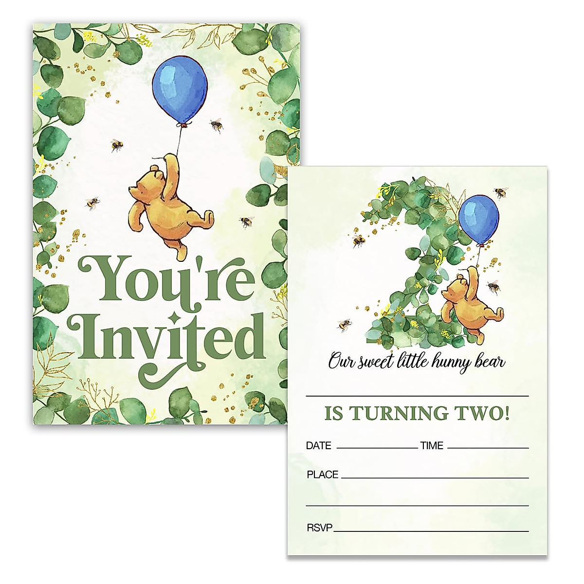 Dolimifa Winnie the Pooh 2nd Birthday Invitations Fill in Style Greenery Winnie the Pooh Blue Balloon Little Hunny Bear Winnie Second Birthday Invites for 2 Year Old, 20 Count With Envelopes