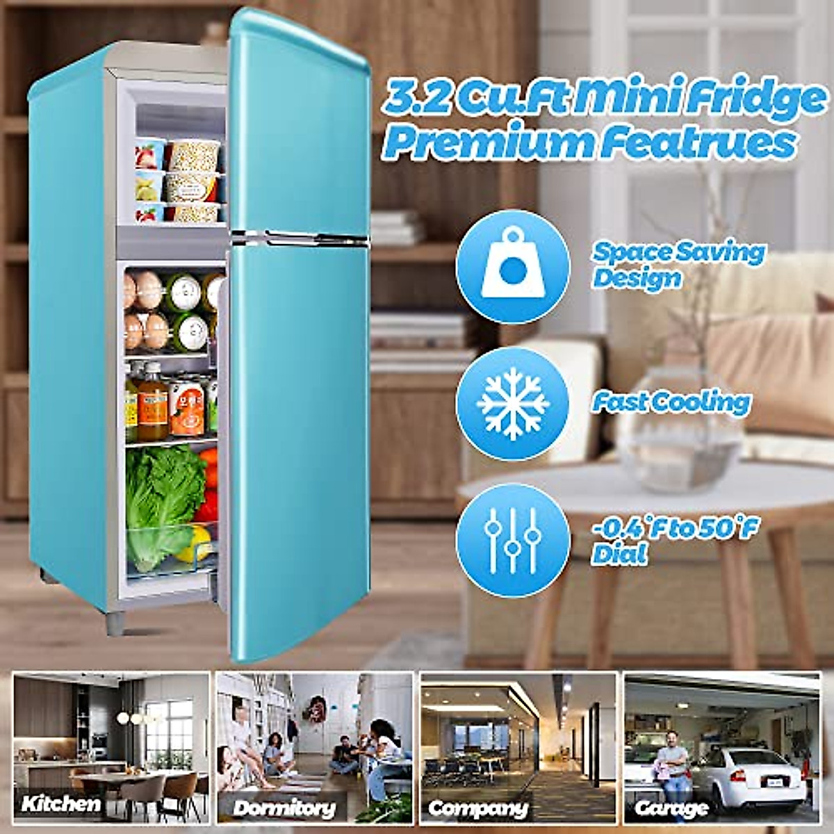 WANAI 3.2 Cu.Ft Mini Fridge Door Design With Freezer Compact Refrigerator with Freezer,7 Level Adjustable Thermostat Removable Shelves Small Refrigerator for Office Dorm Apartment Blue