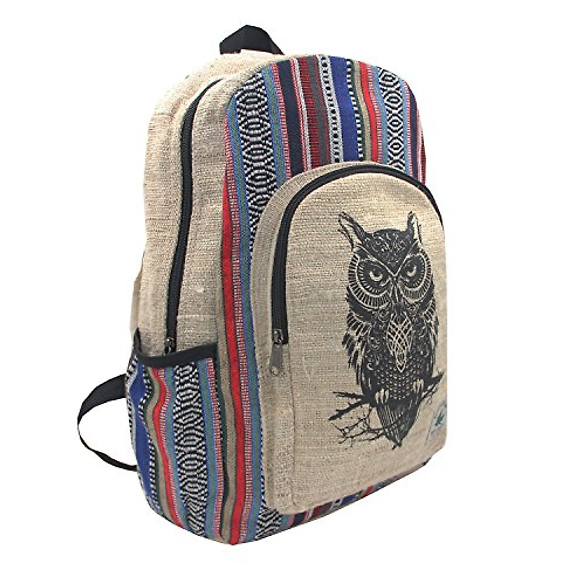 KayJayStyles Natural Handmade Large Multi Pocket Hemp Nepal Backpack (Owl)