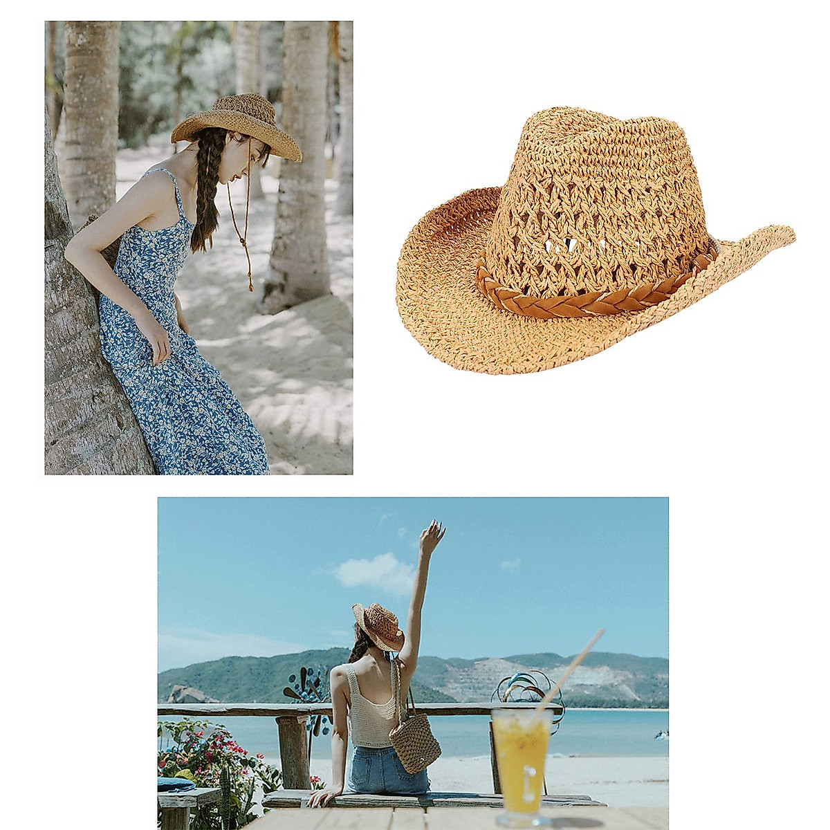 Straw Cowboy Hat Wide Brim Sun Cowgirl Summer Panama with Chin Strap Men Women Sombrero Travel Outdoor Family Khaki, One Size