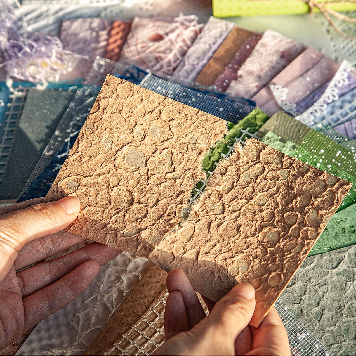 96 Sheets Textured Scrapbook Paper and Mesh Fabric Assorted Set - 6 Pack Mixed Special Paper for Scrapbooking Planner Bullet Junk Journal Supplies Mixed Media Collage Card Embellishments 3.9x5.5 Inch