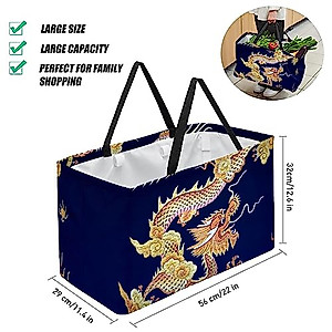 KQNZT Reusable Grocery Bags, Large Foldable Reusable Shopping Tote Bags Bulk for Groceries, Waterproof Kitchen Cloth Produce Bags with Long Handles, Traditional Art Dragon