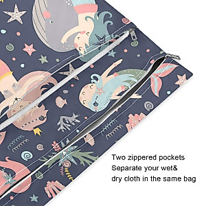 KEEPREAL Cute Girls Mermaid Wet Dry Bag for Cloth Diaper&Swimsuit,Travel&Beach - Water Resistant Wet Bags - Perfect for Wet Clothes, Toiletries, 2 Pack