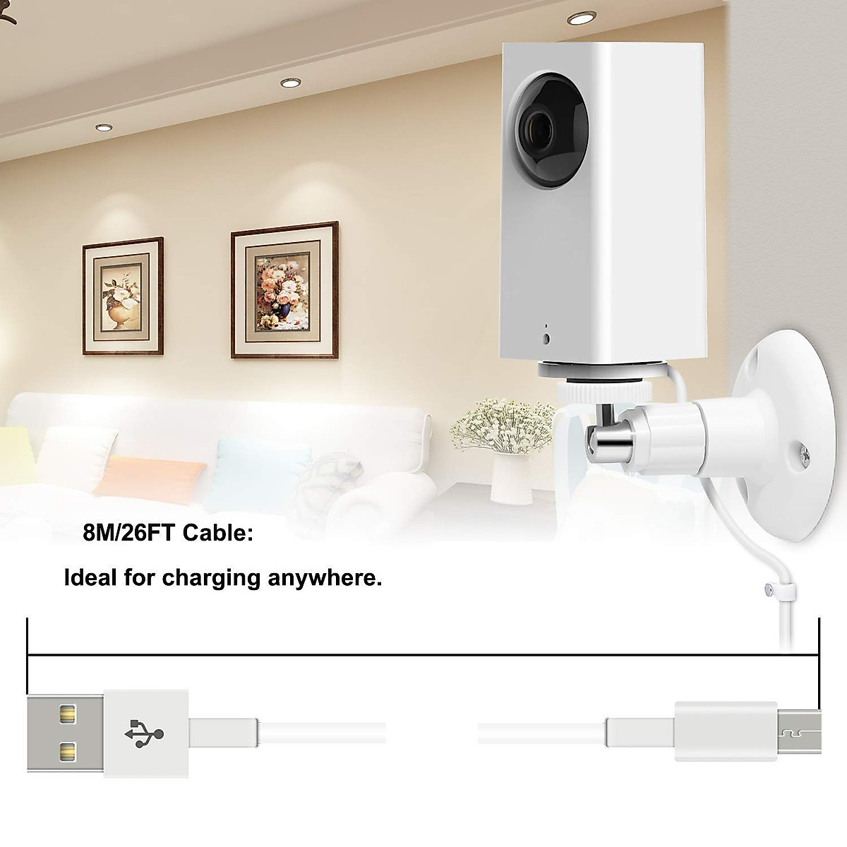 2 Pack 26FT Flat Power Extension Cable Compatible with Wyze Cam Pan, Kasa Cam, YI Dome Home Camera, Furbo Dog, Nest Cam, Blink, Cloud Camera, Durable Charging Cable for Security Cam