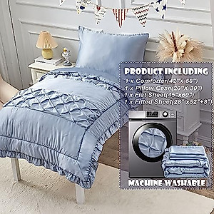 Toddler Bedding Set for Girls 4 Piece Pinch Pleated Grey Ruffle Fringe Pintuck Toddler Bed Comforter Set for Kids Bed-in-a-Bag Quilt Crib Sheet Set with Comforter,Flat Sheet,Fitted Sheet,Pillowcase