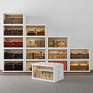 JOYMOOP Folding Storage Bins Organizer, 49.6 Quart Collapsible Storage Box with Wheels and Door, Stackble Plastic Storage Container for Clothing, Books and Sundries (XL-12.4Gal-5Tiers, White)